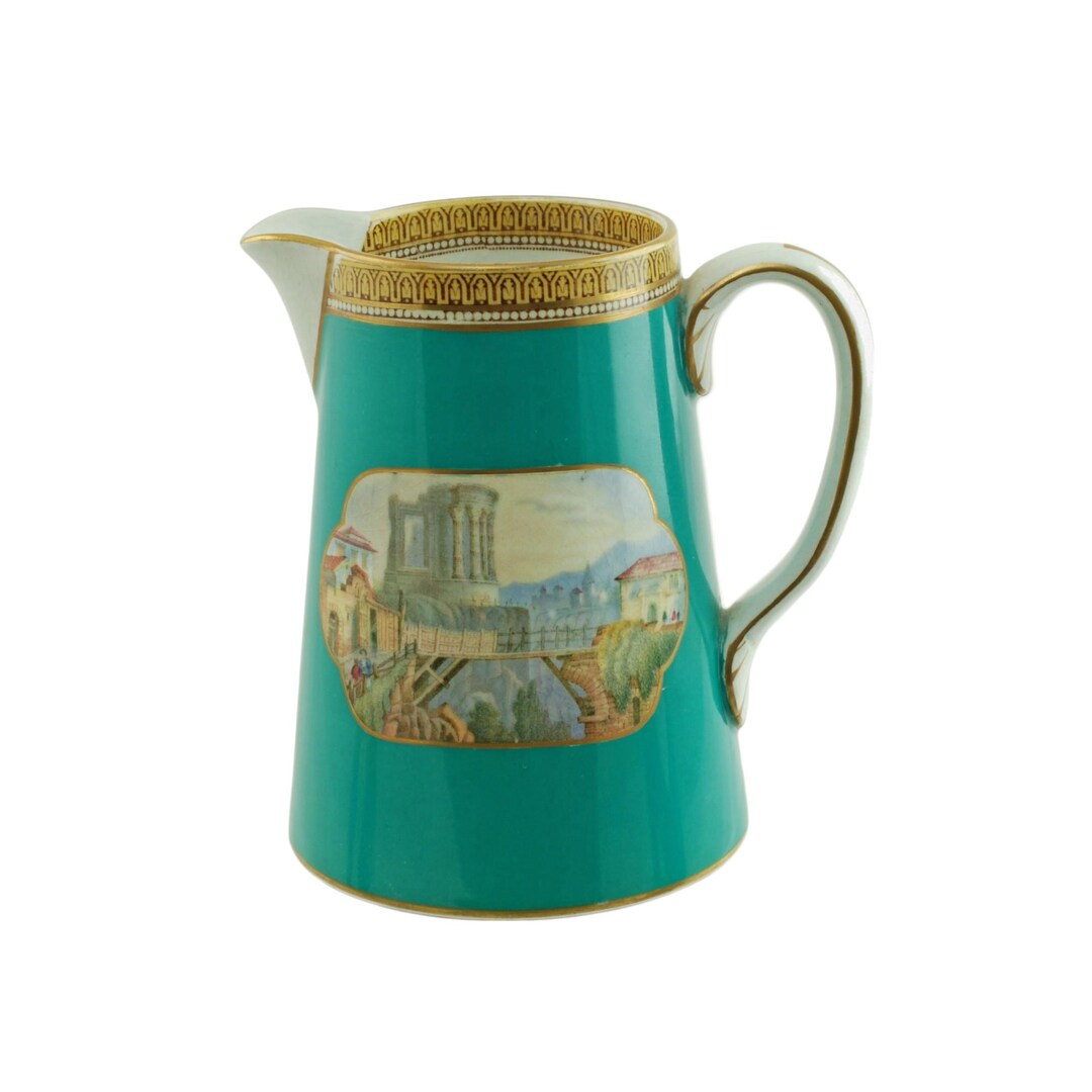 Antique F & R Pratt Fenton 123 Turquoise Milk Jug, "cows in Stream Near ...