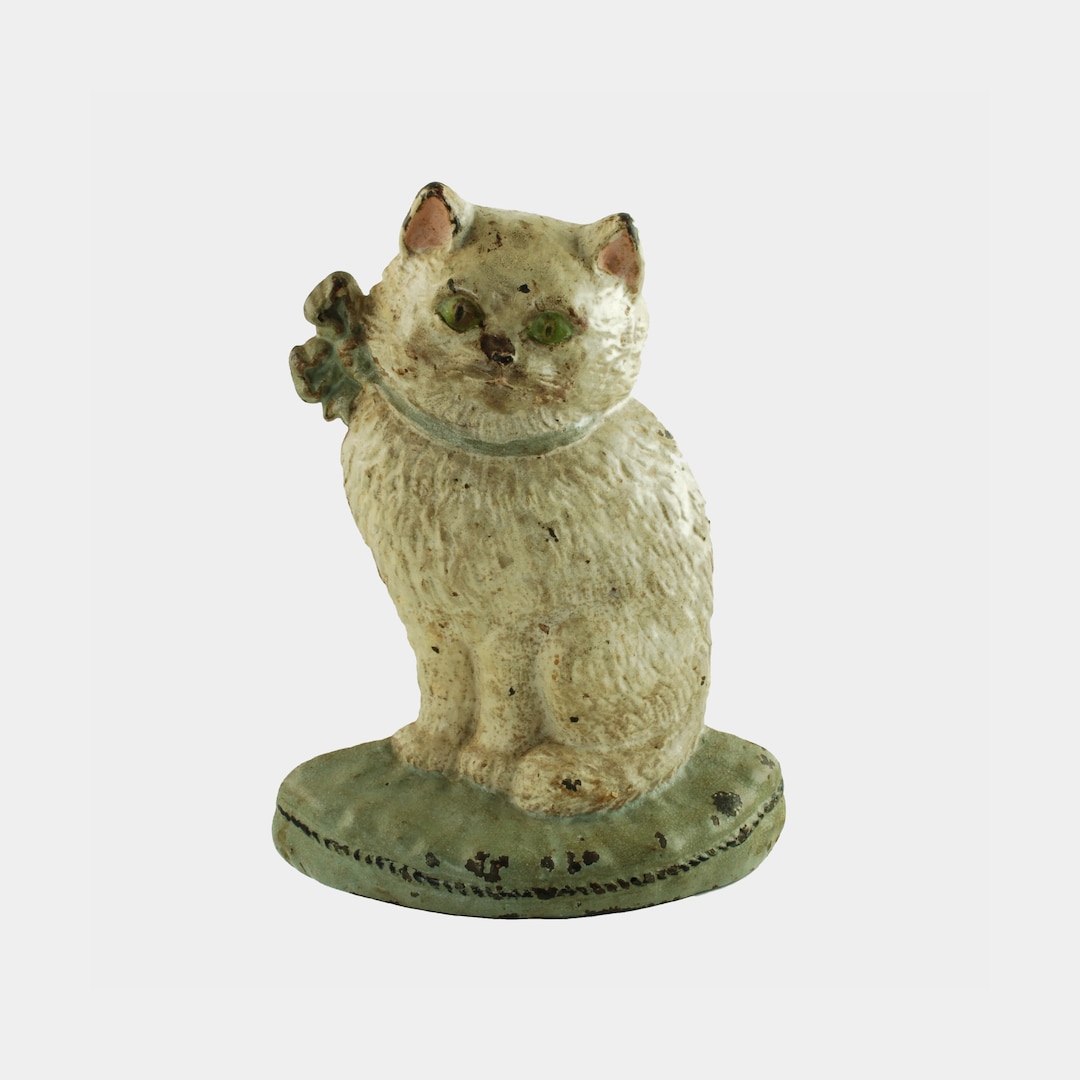 Antique Hubley Seated Cat Cast Iron Doorstop #38, Original Paint, Green ...