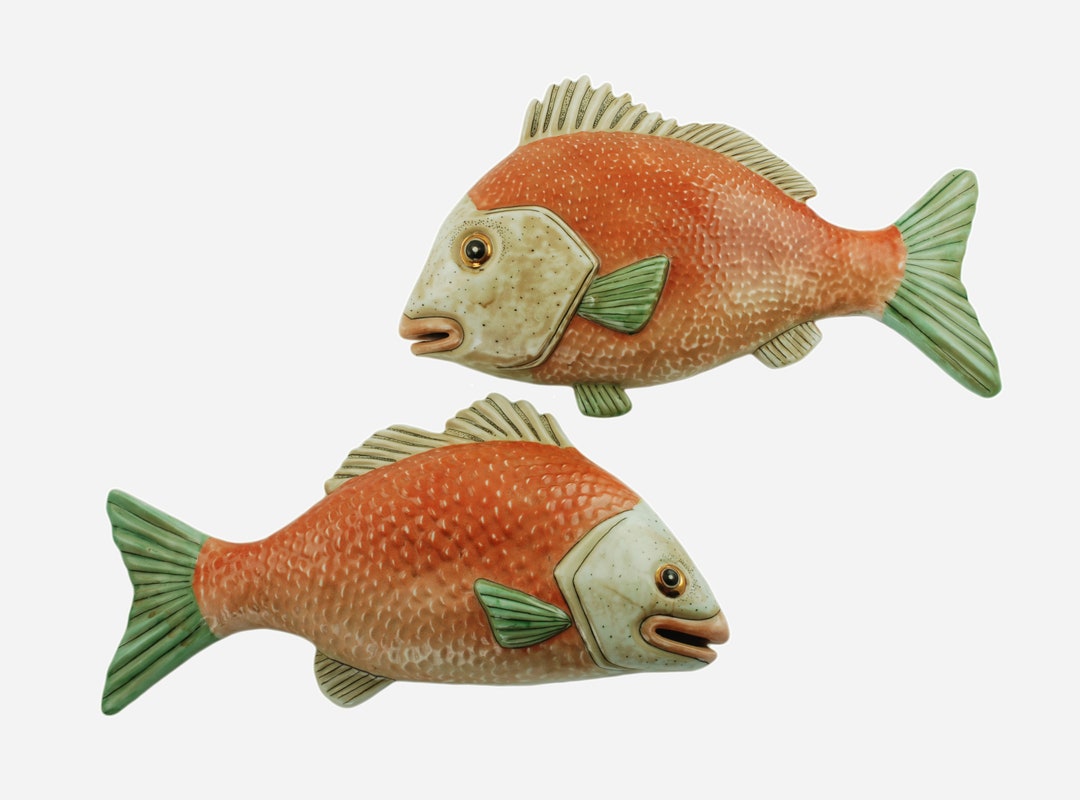 Rair Pair Vintage Maitland Smith Hand Painted Carp Fish Porcelain Wall ...