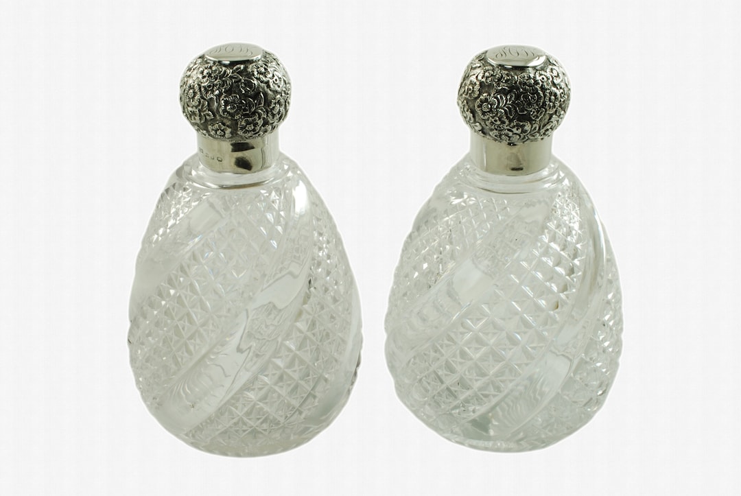 Large Antique English Cut Crystal Perfume Cologne Bottles, Sterling ...