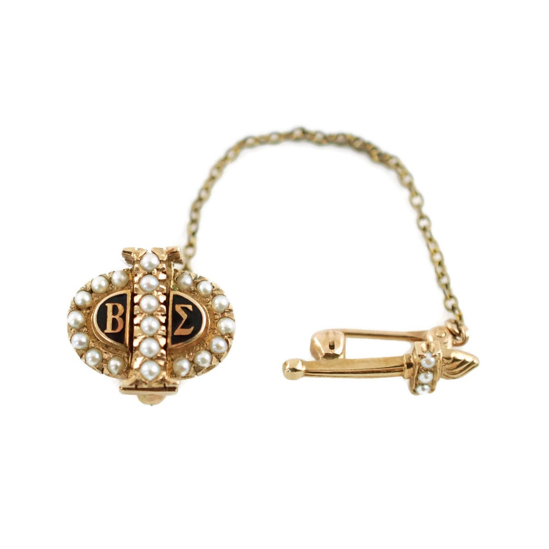 Vintage Beta Sigma Phi ΒΣΦ Enameled 10k Yellow Gold and Seed Pearl ...