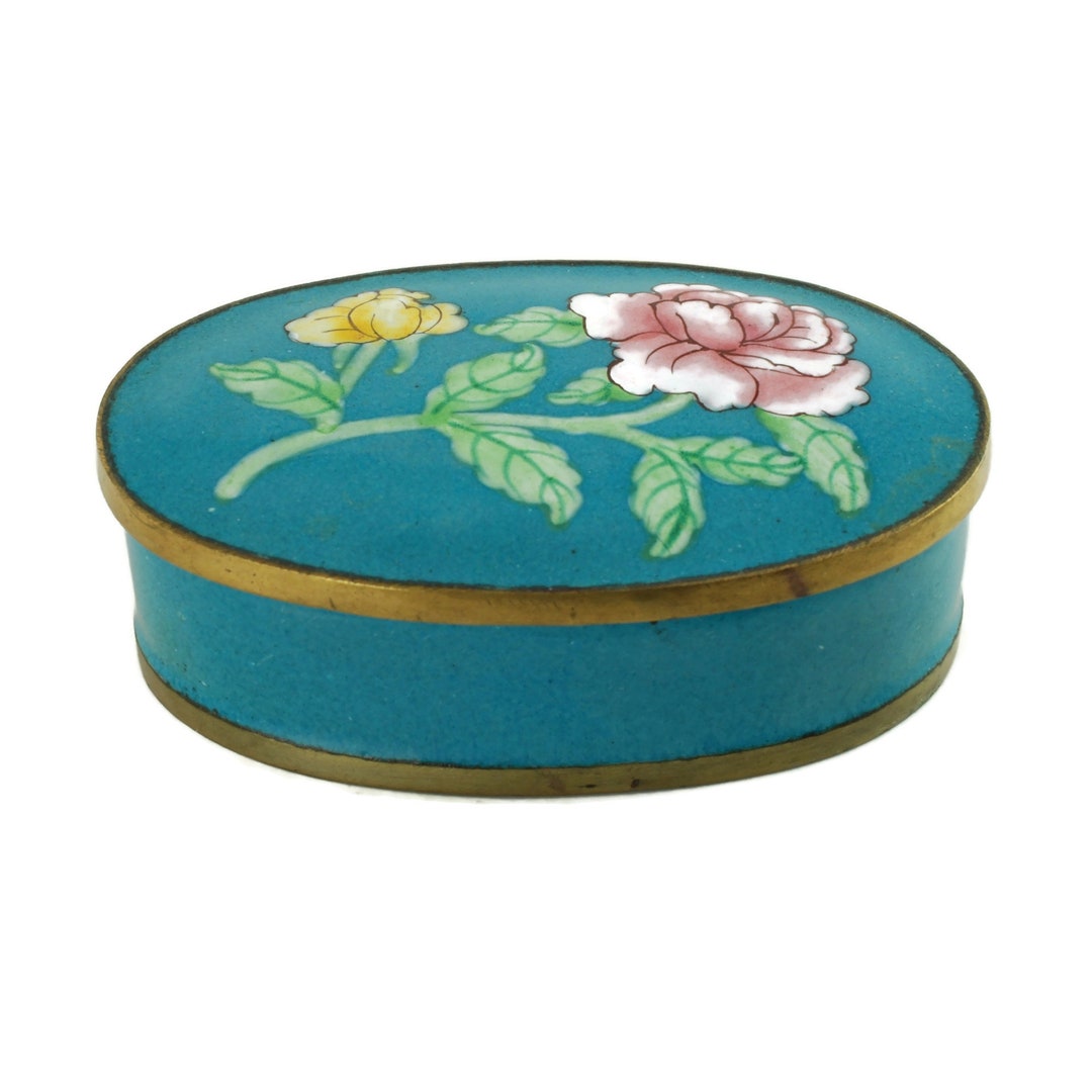 Vintage Teal Enamel Box With Hand Painted Pink and Yellow Floral ...