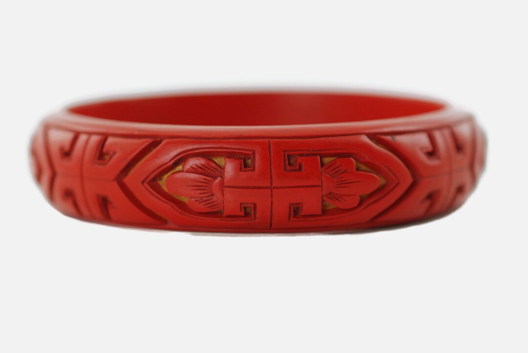 Vintage Carved Cinnabar Two Color Half Round Bangle Bracelet With ...