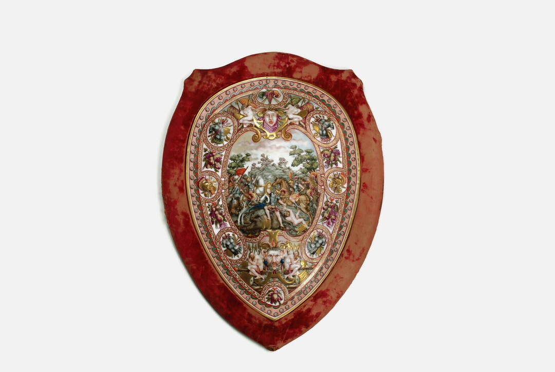 Large Antique Capodimonte Hand Painted Porcelain Shield With Red Velvet ...