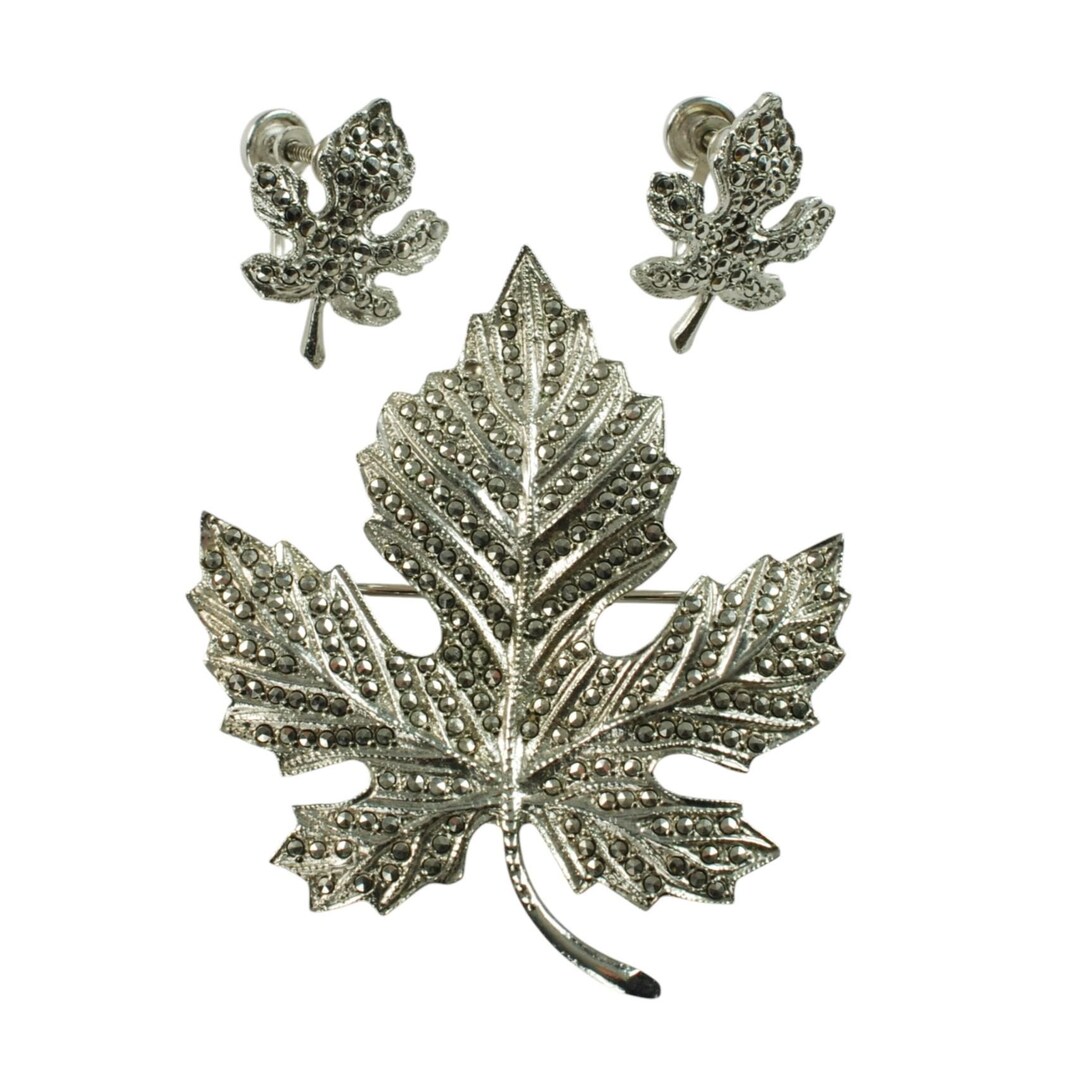 Vintage Sterling Silver and Marcasite Maple Leaf Brooch Pin and Earring ...