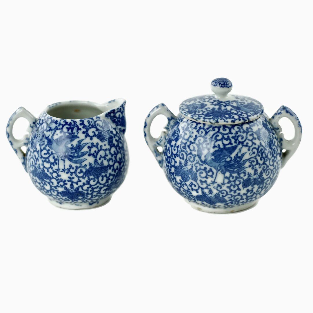 Antique Blue Phoenix Ware Cream and Sugar Set With Notched Handles - Etsy