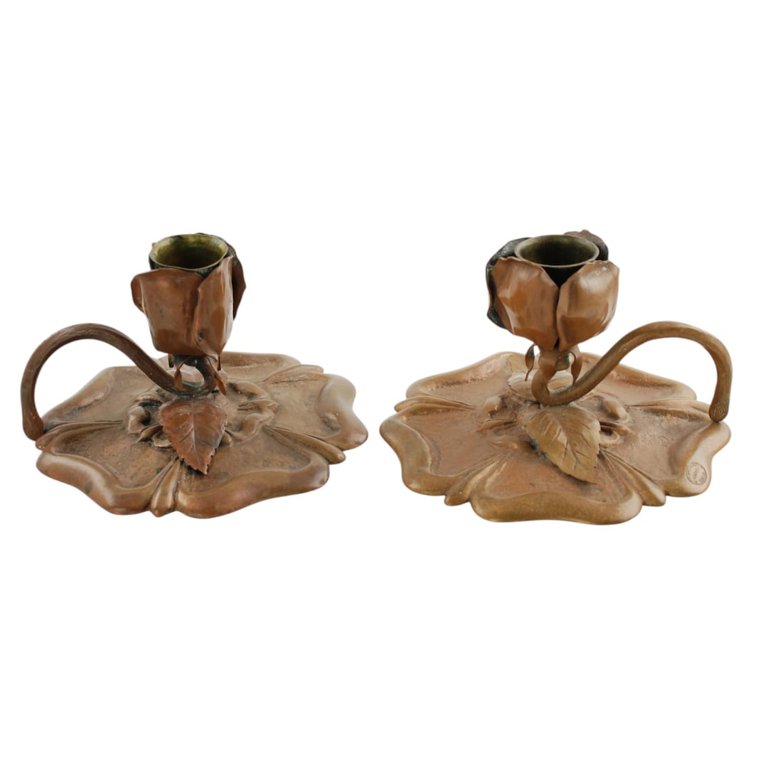 Antique Arts and Crafts Tudor Rose Bronze Candlesticks Metal Workers ...