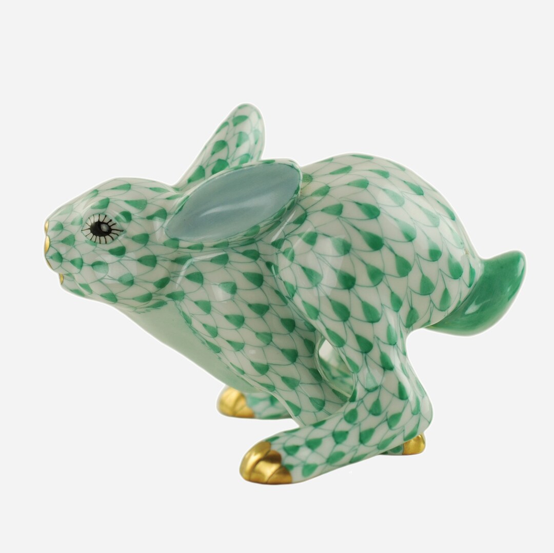 Vintage Herend Porcelain Fleeing Rabbit Figurine in Green Fishnet Decor ...