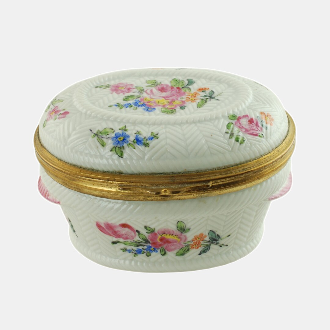 Antique French Hand Painted Floral Porcelain Box With Basketweave Motif ...