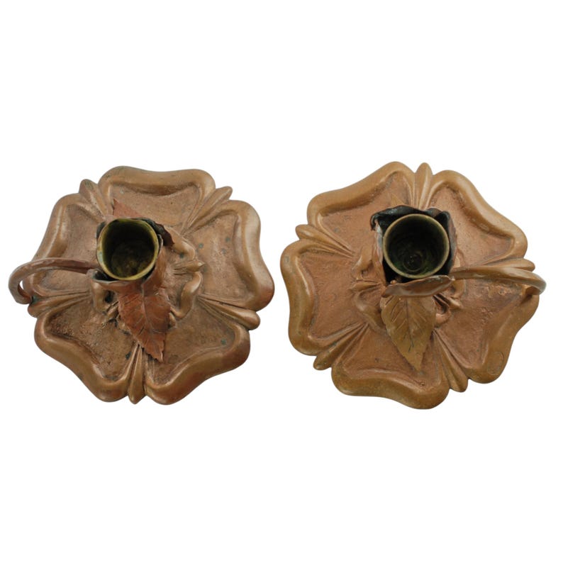 Antique Arts and Crafts Tudor Rose Bronze Candlesticks Metal Workers ...