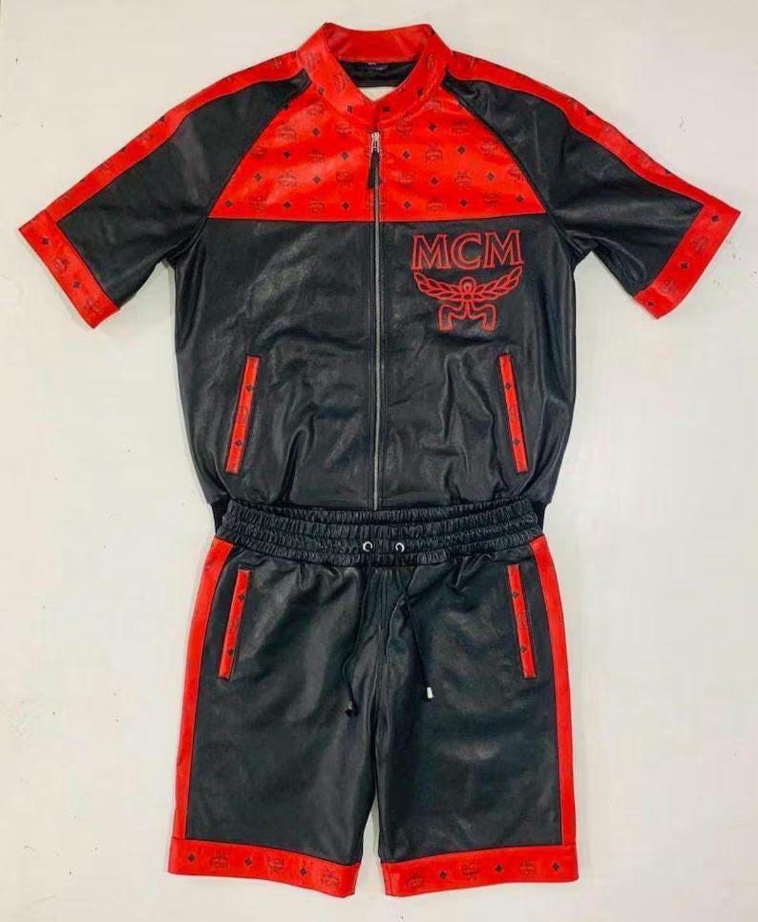 MCM Style Men’s Tracksuit Short Set | Black Red Designer Outfit | Zip ...
