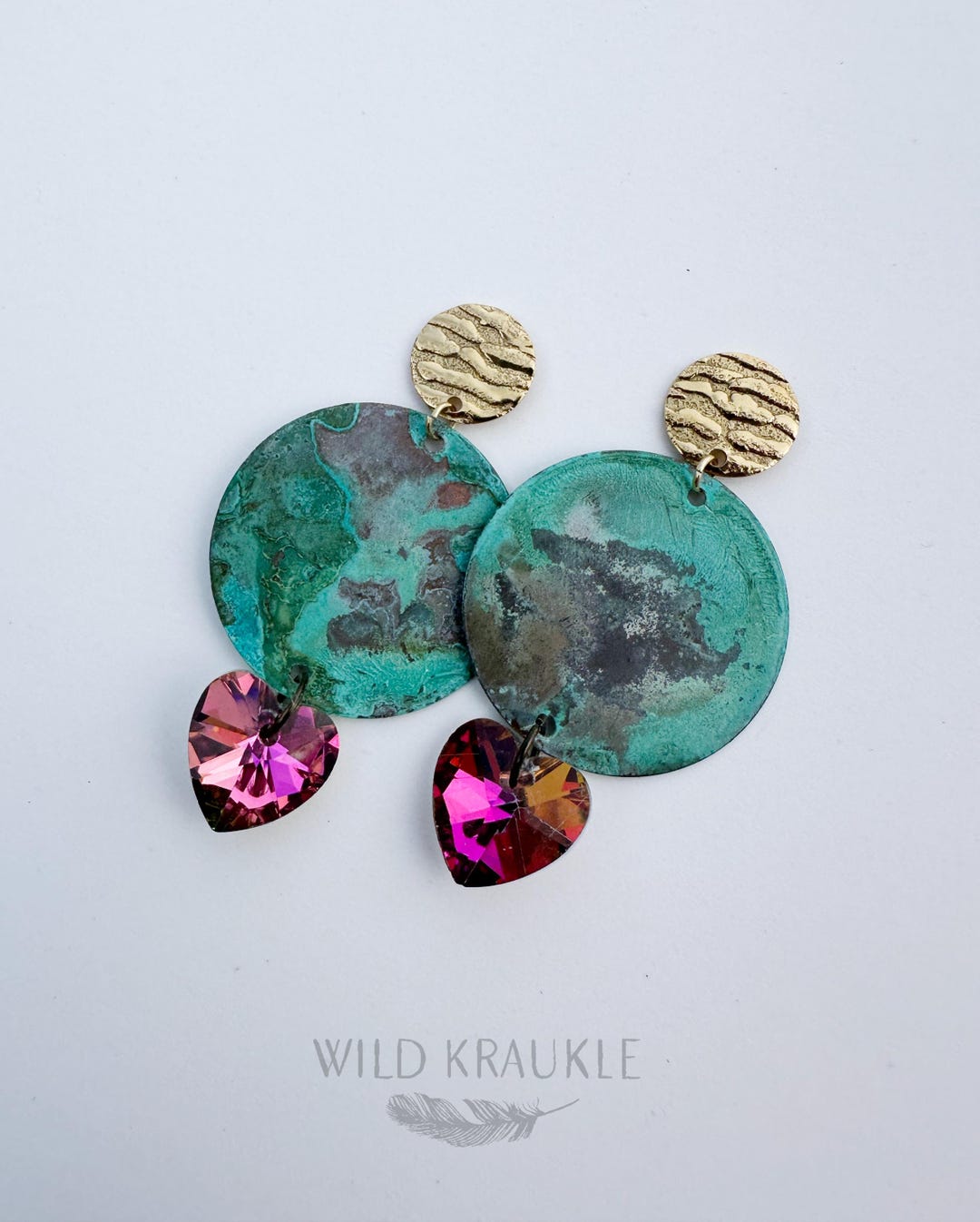 Patina Brass Earrings With Shiny Heart | WILD KRAUKLE - Etsy