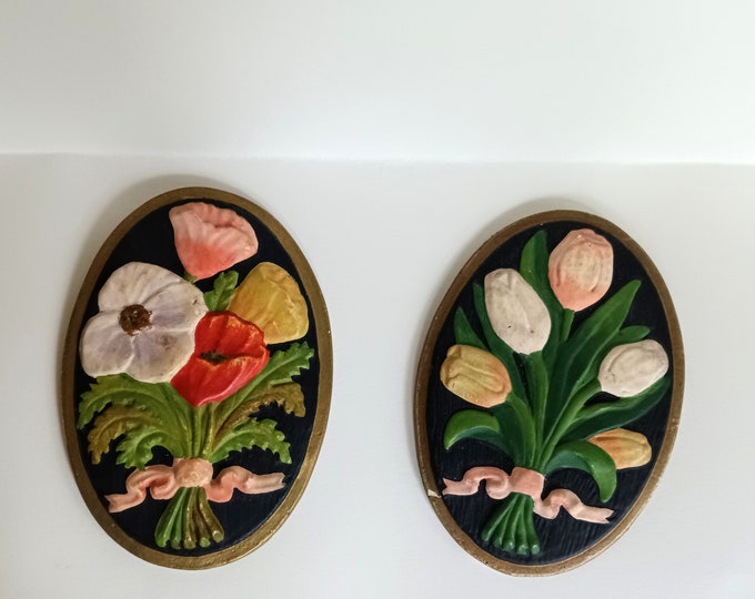 Antique Plaster Flower Plaques, Set of 2, Chalk Ware, Vintage Wall ...