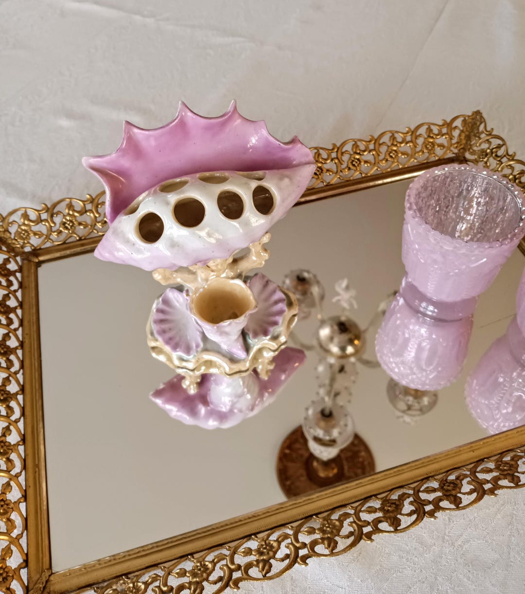 Antique Sea Shell Cigar and Match Holder, Pink Ceramic Sea Shell ...