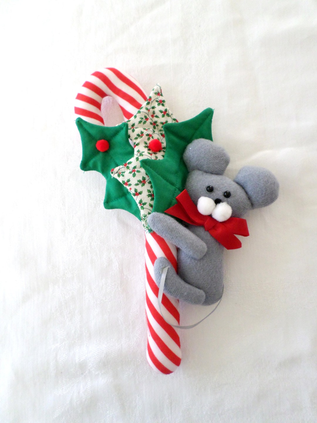Vintage Candy Cane Christmas Mouse, Hand Made, Gray Mouse, Fabric ...