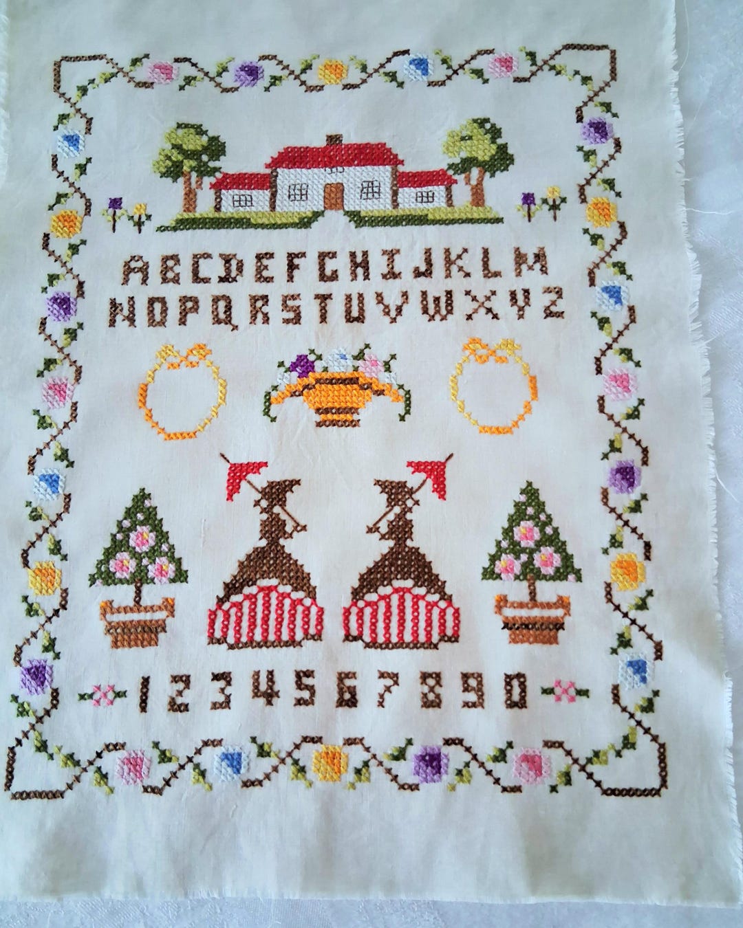 Vintage Hand Stitched Sampler, Finished Embroidery, Alphabet, Numbers ...