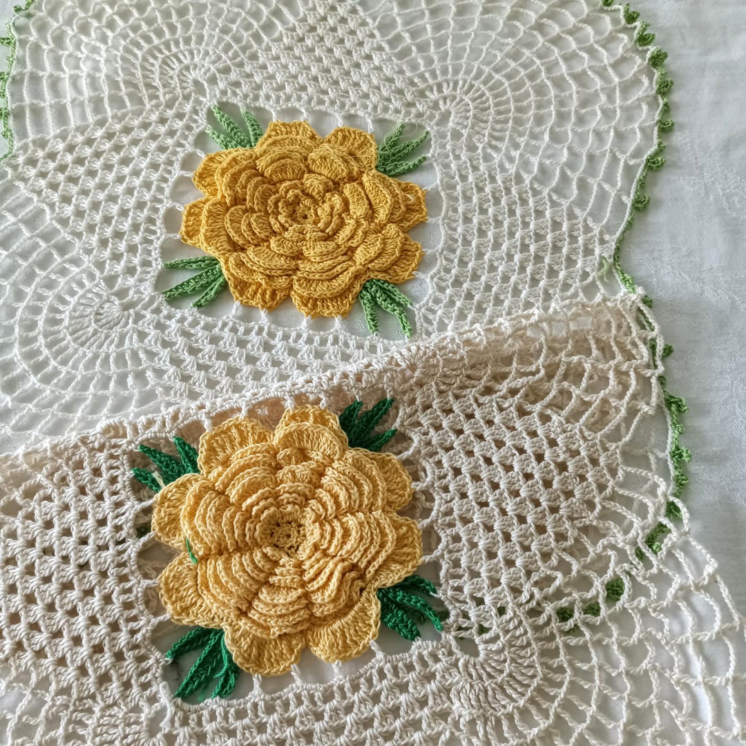2 Large Yellow Rose Doilies, Crocheted Doilies, Flower Doilies, Cotton ...