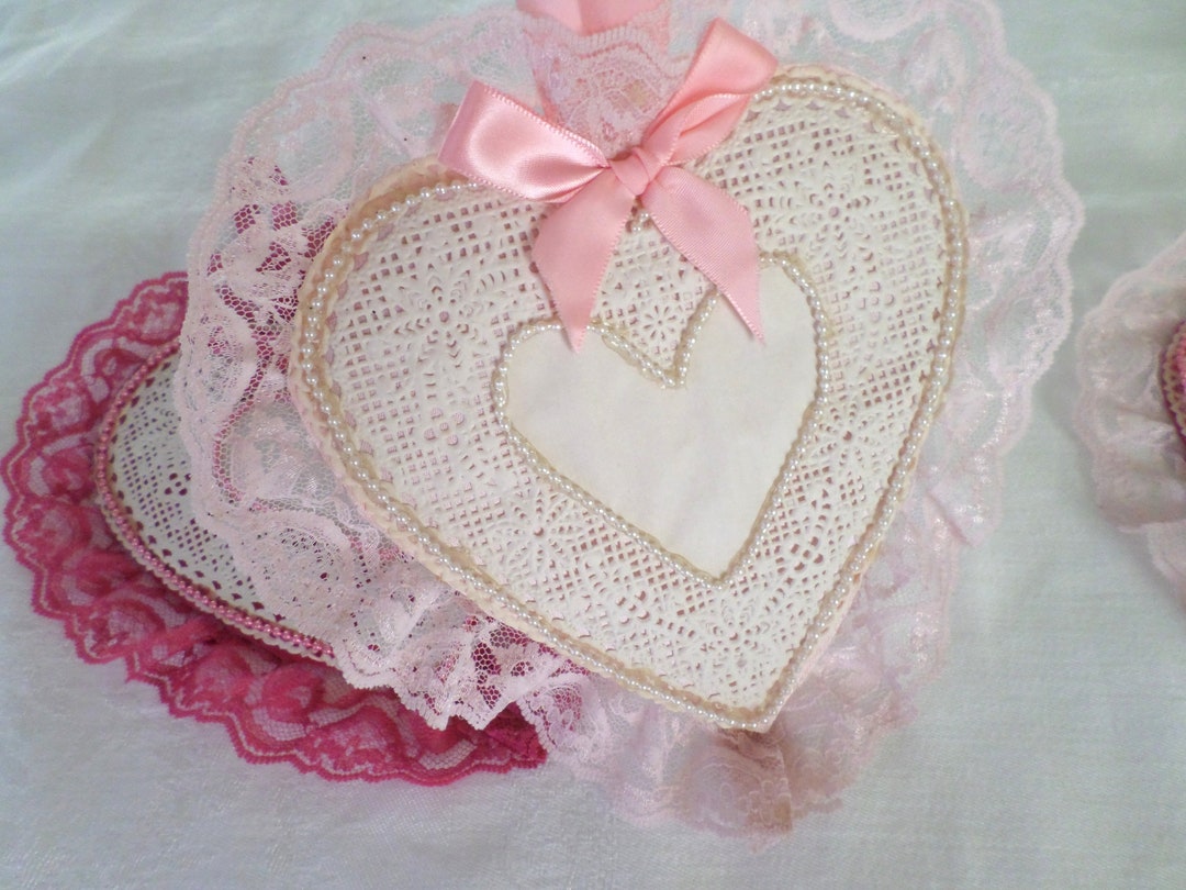 3 Vintage Lace and Satin Heart Sachets, Paper Doily Hearts, Victorian ...