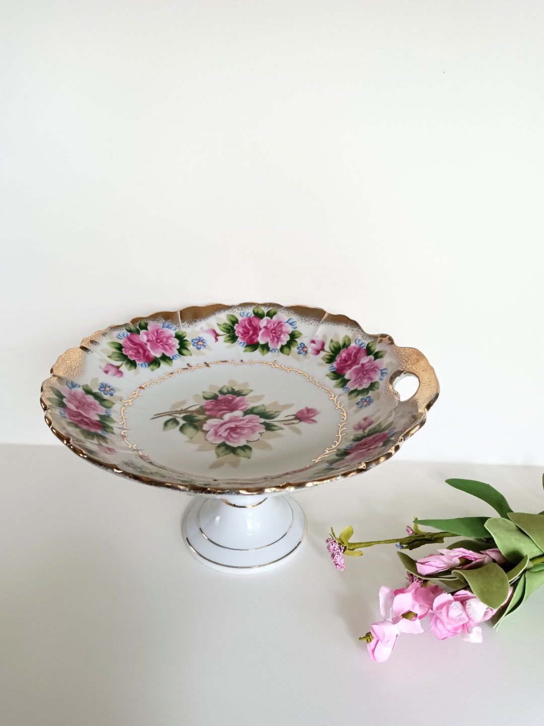 Pink Rose Pedestal Dessert Plate, Hand Painted, Artmark, Gold Painted ...