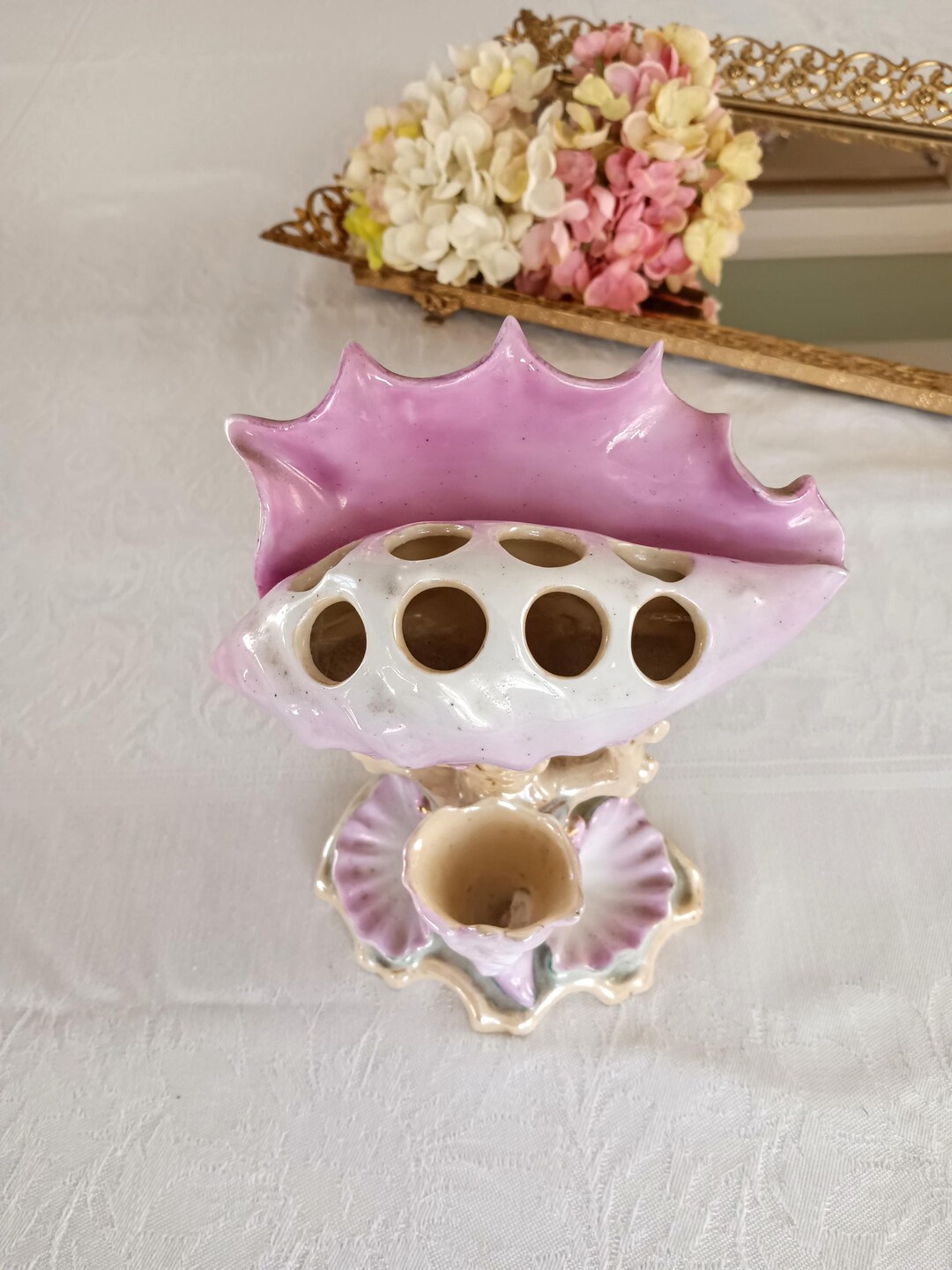 Antique Sea Shell Cigar and Match Holder, Pink Ceramic Sea Shell ...