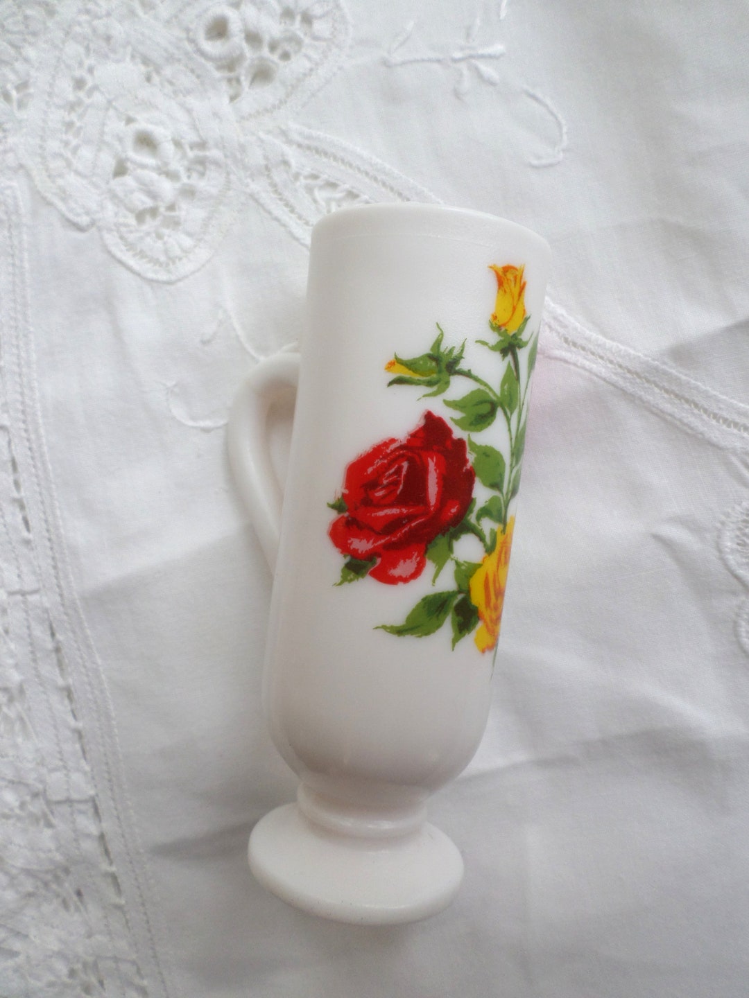 Avon White Milk Glass Mug, Coffee Mug, Red Roses, Yellow Roses, Flower ...