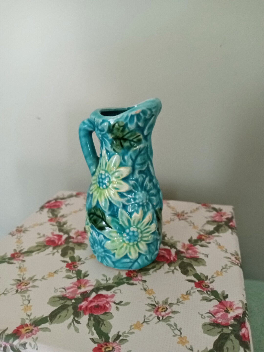 Little Green Pottery Pitcher, Bud Vase, Flower Vase, Raised Design, - Etsy