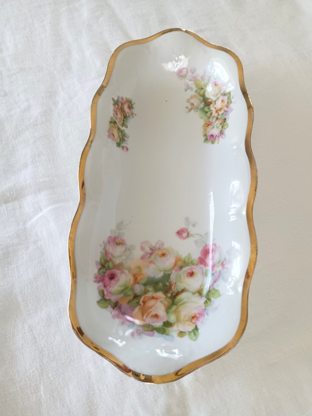 Large Oblong Pink Roses Snack Dish, Shabby Chic Dish, Oval, Gold Edge ...