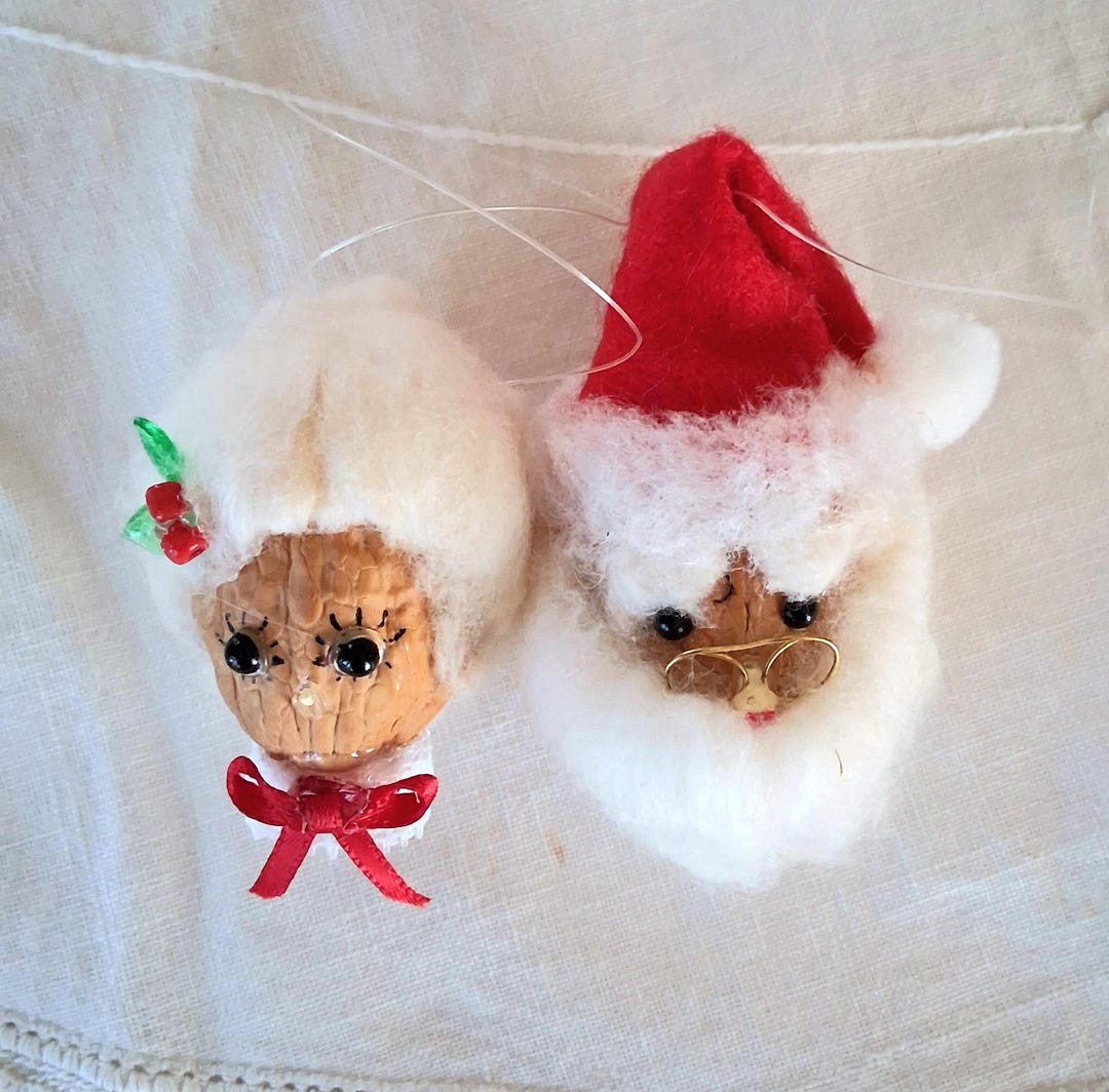 Vintage Walnut Santa and Mrs Claus, Christmas Ornaments, Hand Made, Mid ...