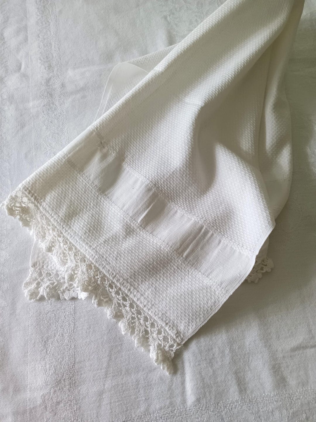 Vintage Cotton Kitchen Towel, Lace Edge, Textured Cotton, French Country, English Cottage ...