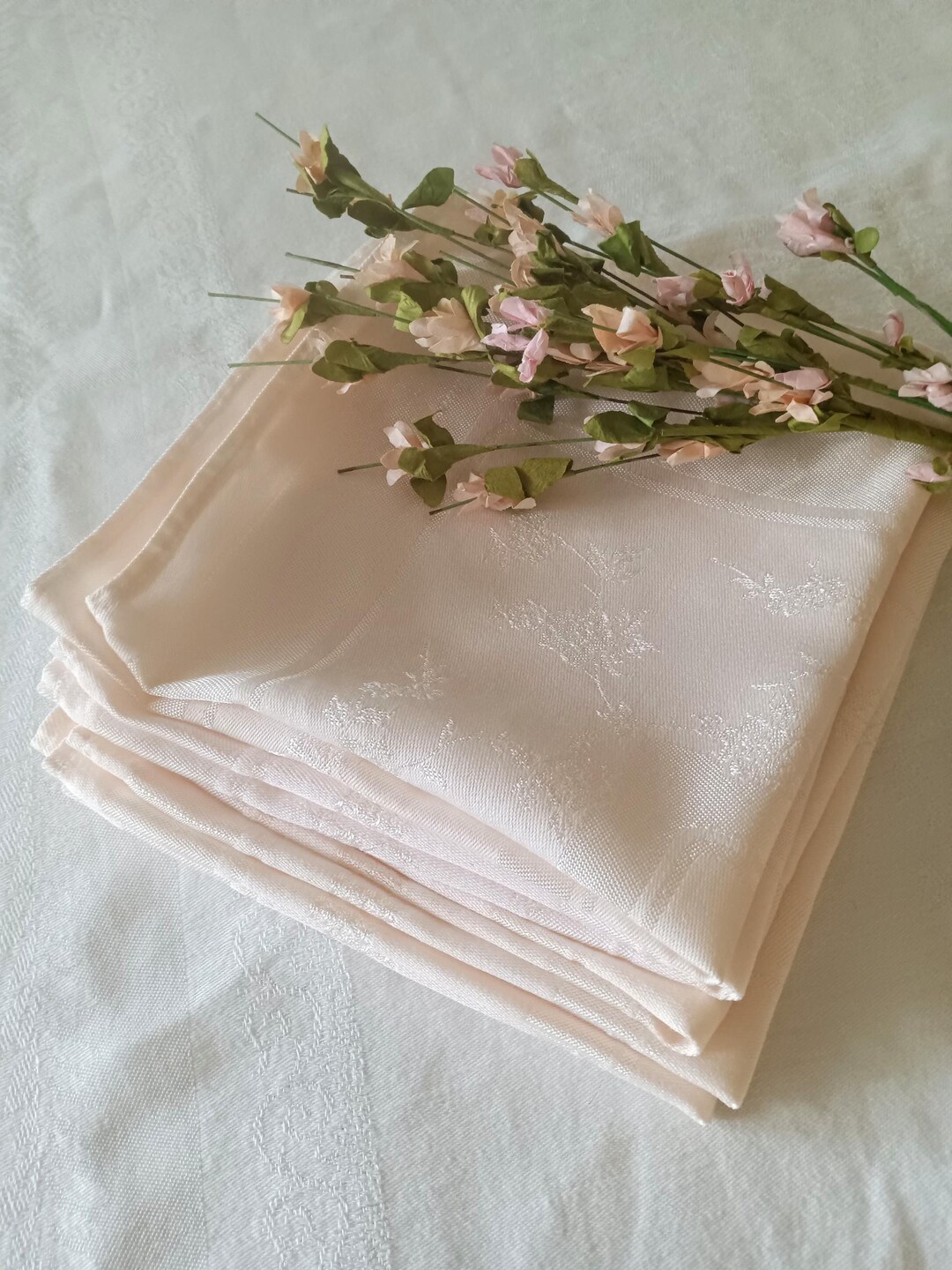 6 Vintage Pink Damask Napkins, Floral Damask, Cotton Napkins, Pale Pink ...