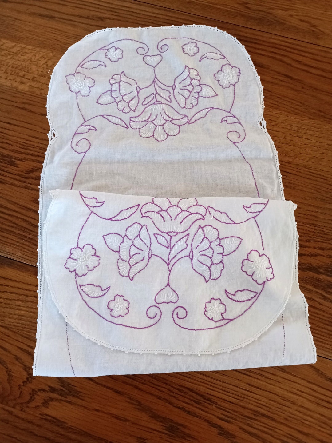 Purple Embroidered Table Runner, White Cotton, Pantry Runner, Coffee ...