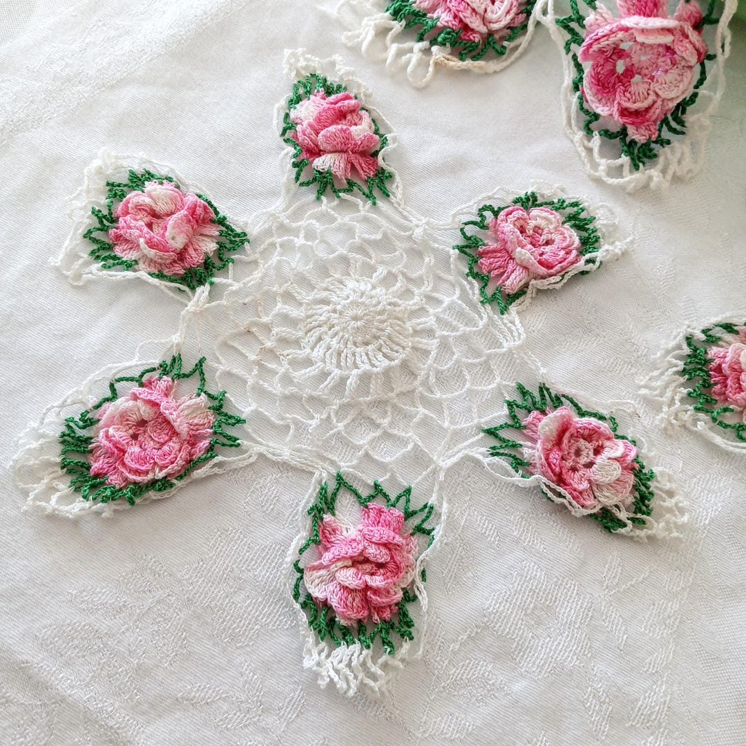 3 Lacy Pink Rose Doilies, Crocheted, Multi Petals, Crochet Roses, Table ...