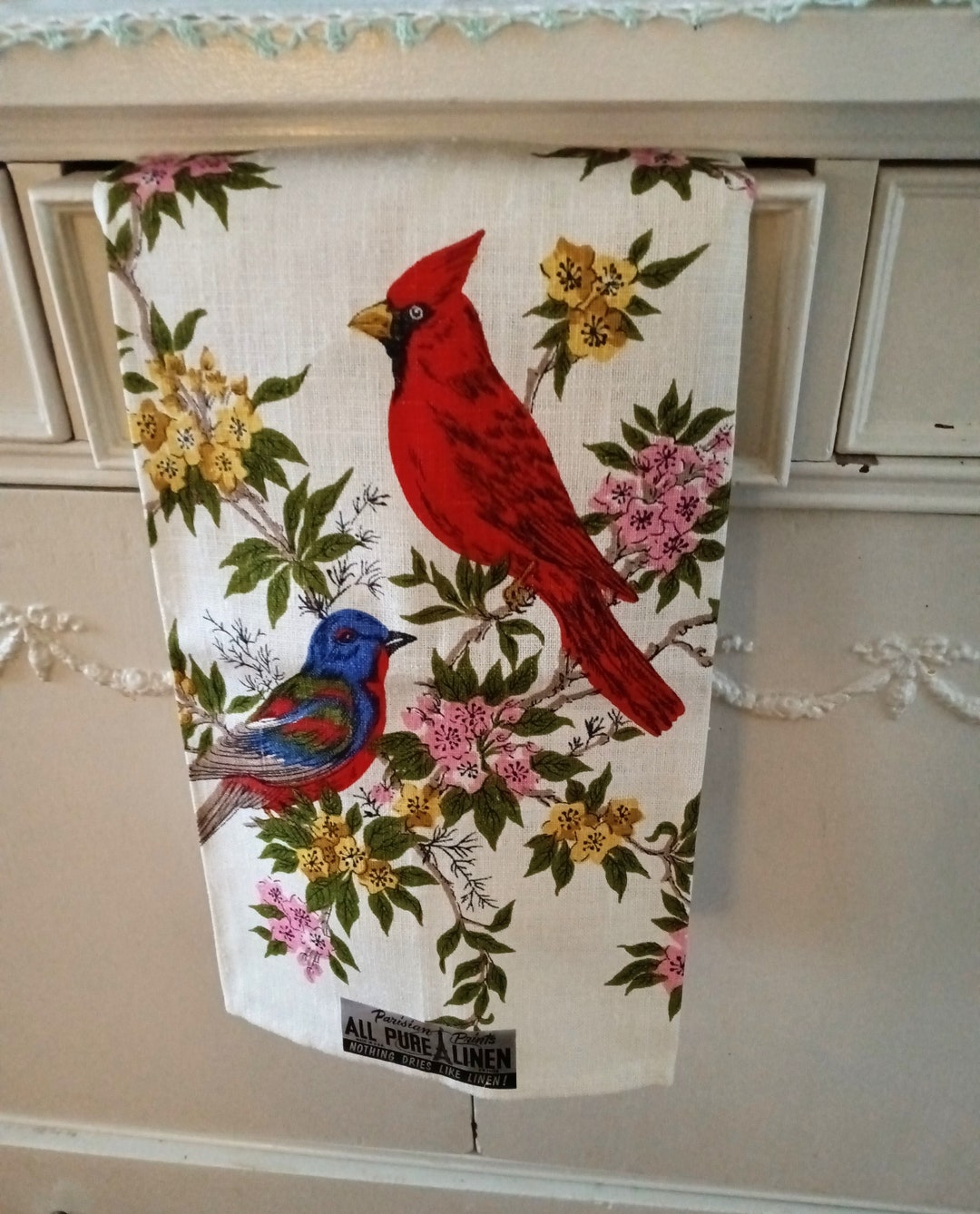 Vintage Pure Linen Bird Kitchen Towel, Parisian Prints, Red Cardinal ...