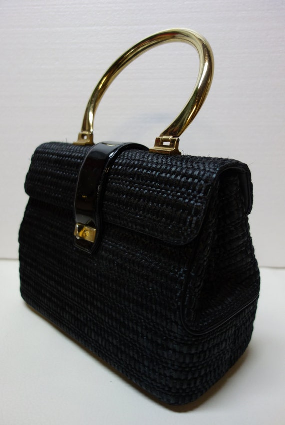 Raffia & Patent Vintage 60s Handbag with Brass Handle… - Gem