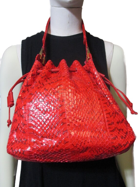 Vintage Python Red Black Snakeskin Drawstring Shoulde… - Gem