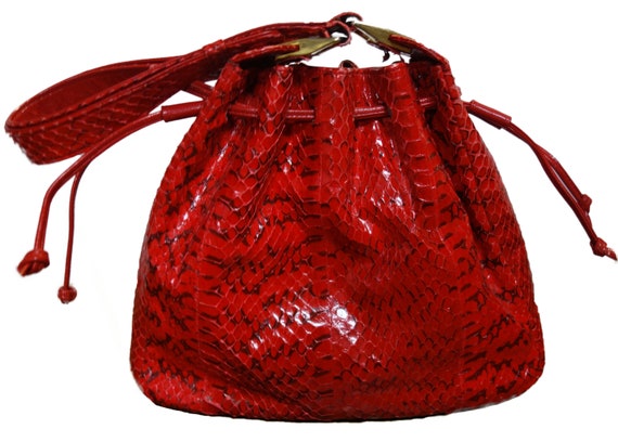 Vintage Python Red Black Snakeskin Drawstring Shoulde… - Gem