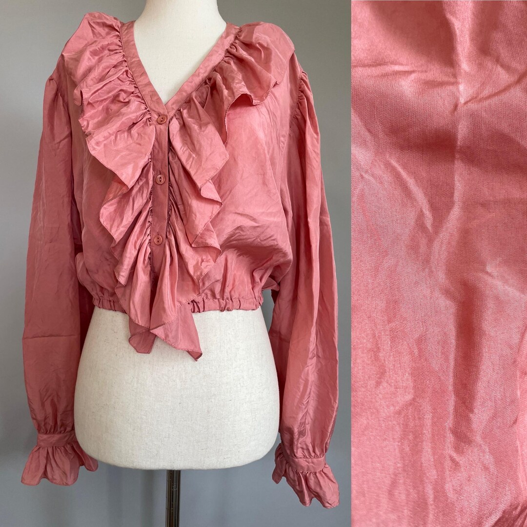 M Vintage 90s Pink Silk Cropped Ruffle Top - Etsy
