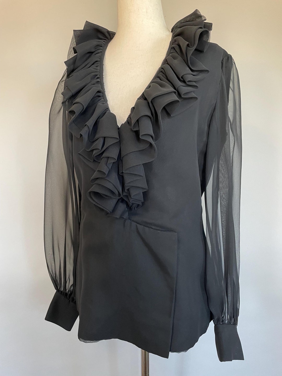 S M Vintage 70s Chiffon Ruffle Neck Blouse Black Sheer Formal Evening ...