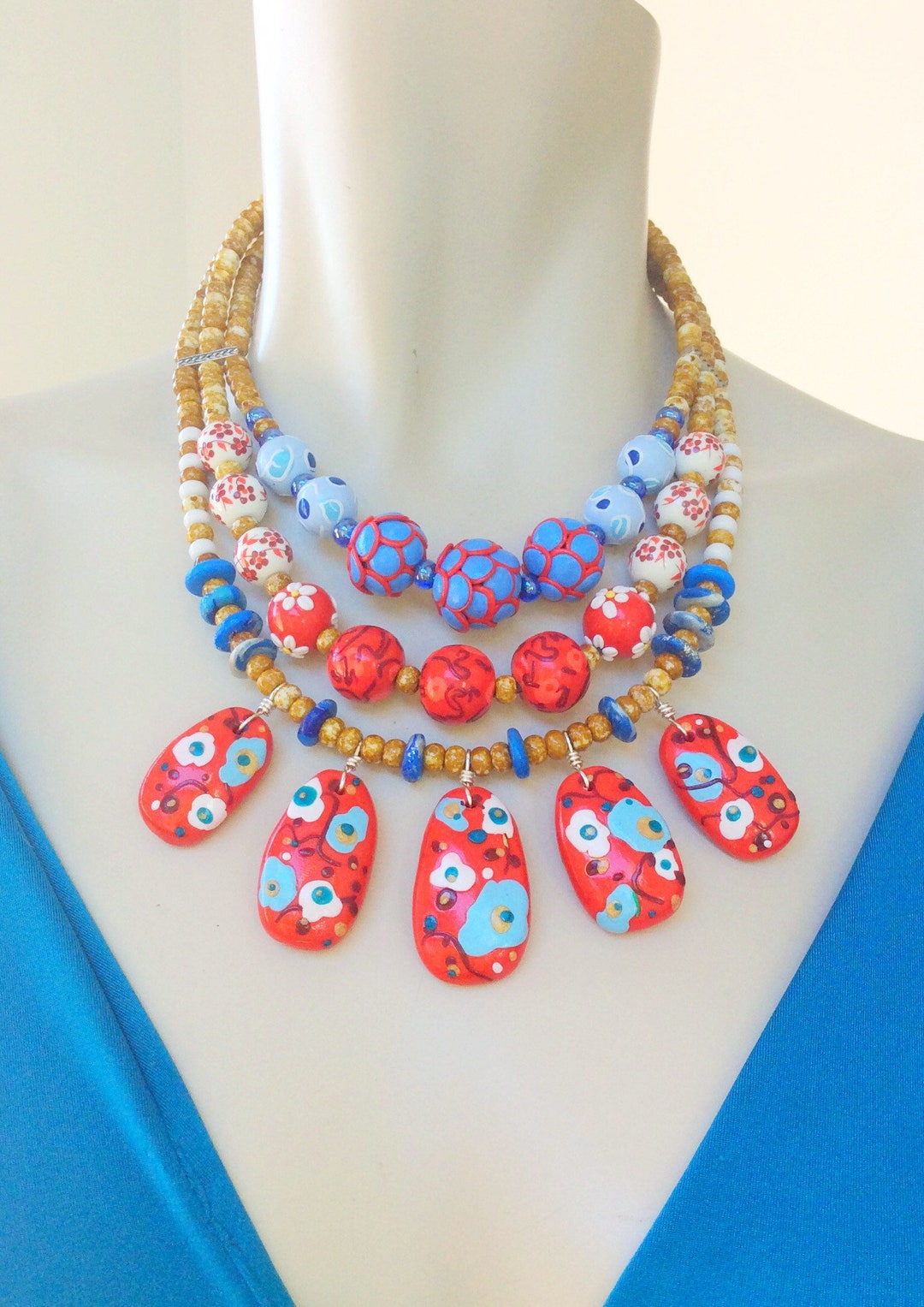 Red Flower Print Necklace/red Statement Pendant Necklace - Etsy