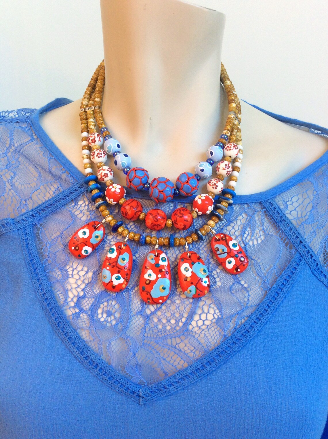 Red Flower Print Necklace/red Statement Pendant Necklace - Etsy