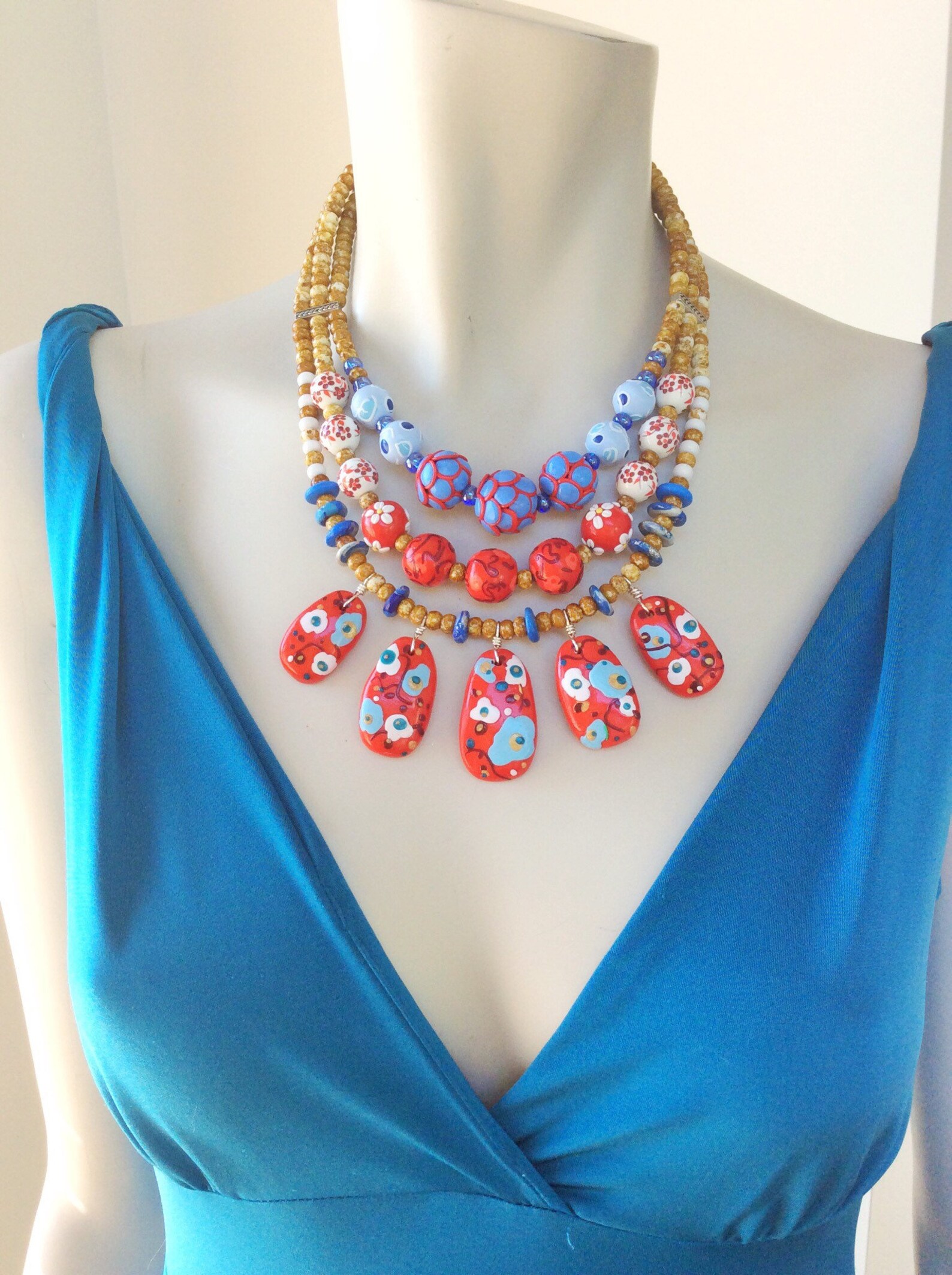 Red Flower Print Necklace/red Statement Pendant Necklace - Etsy