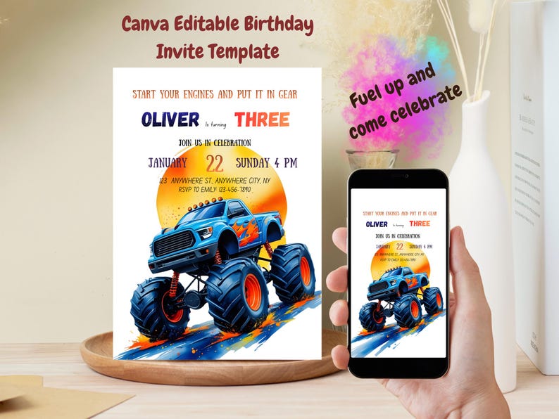 Editable Monster Truck Themed Customizable Kids Birthday Party ...