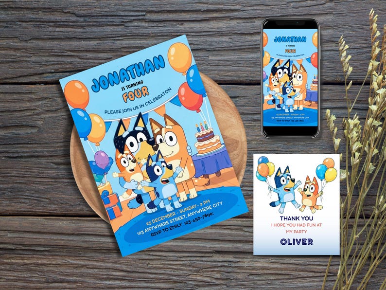 Bluey Inspired Birthday Party Invitation, Printable & Mobile, Thank You ...