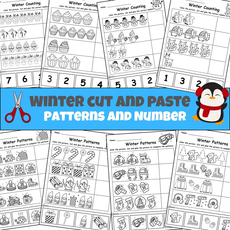Winter Cut and Paste Worksheets, Patterns & Numbers, Preschool ...