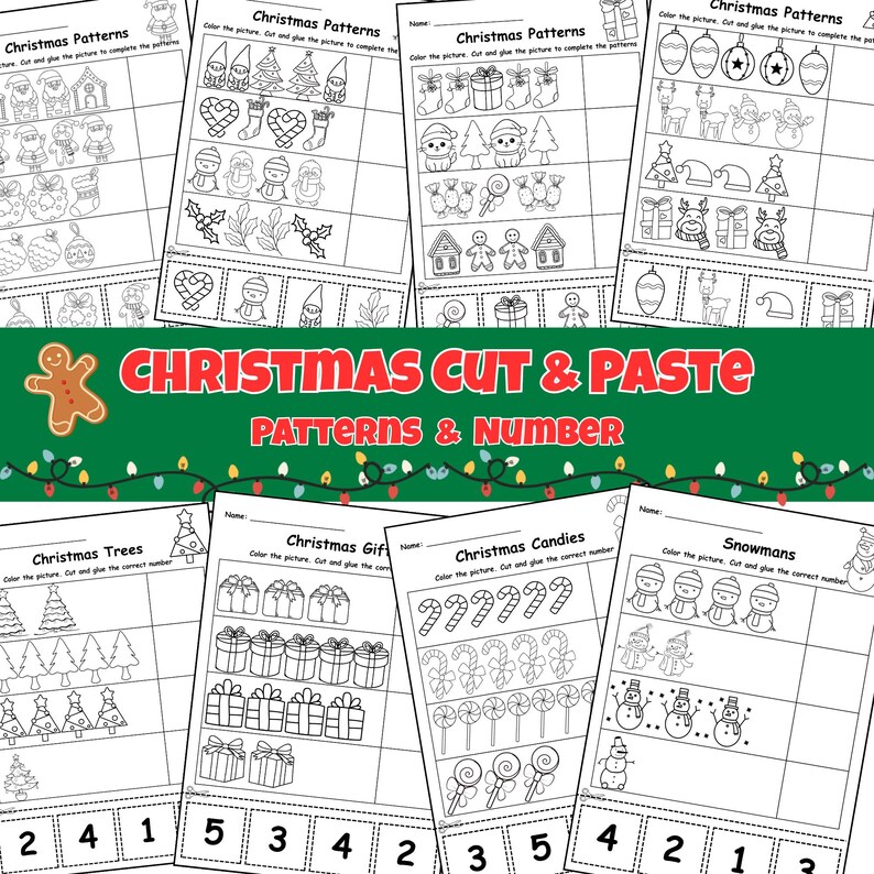 Christmas Cut and Paste Worksheets, Patterns & Numbers, Preschool ...