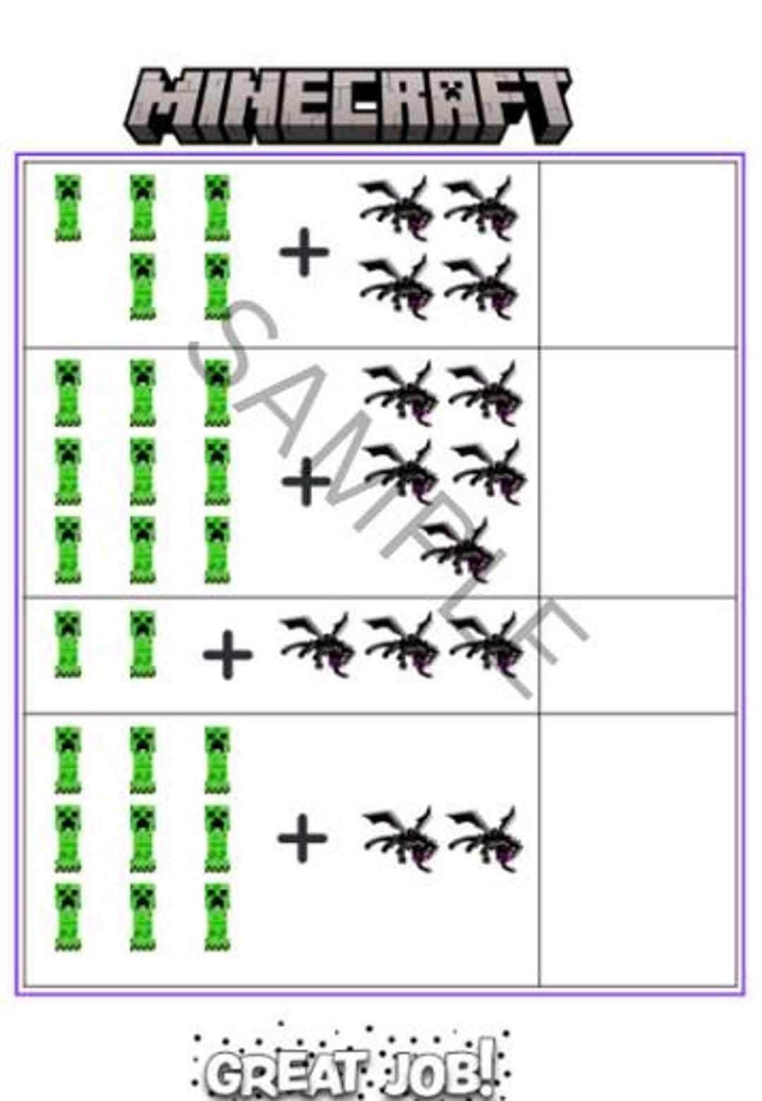 Blocky Creeper Math Printable, Addition and Subtraction (digital ...