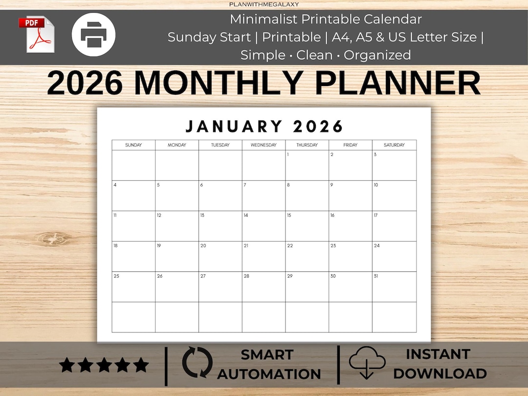 2026 Blank Monthly Planner Printable Calendar Sunday Start 12-month A4 ...