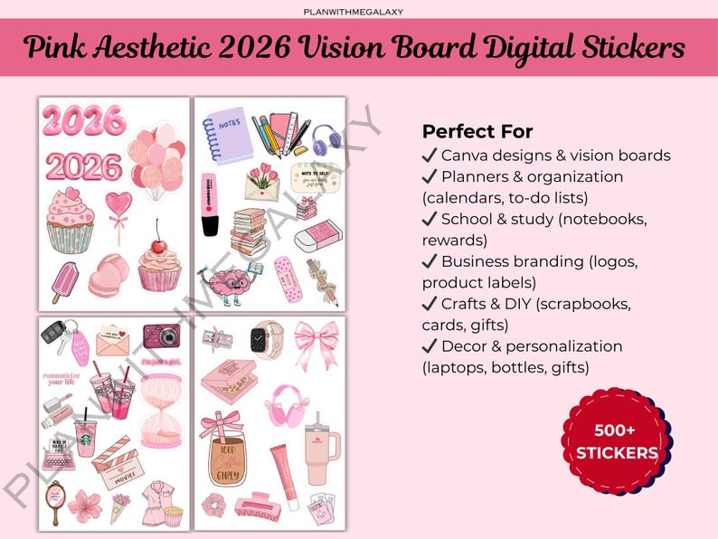 2026 Pink Vision Board PNG Stickers Aesthetic Cute Girly Digital ...