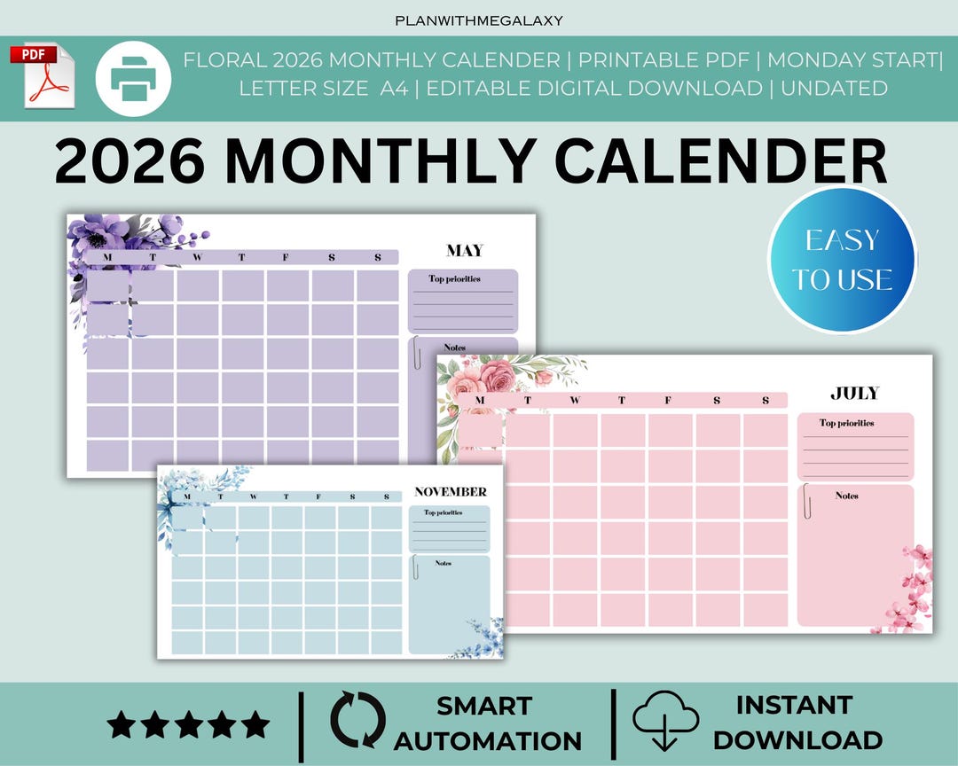 2026 Flower Calendar Printable Watercolor Landscape PDF 8.5x11 Letter ...