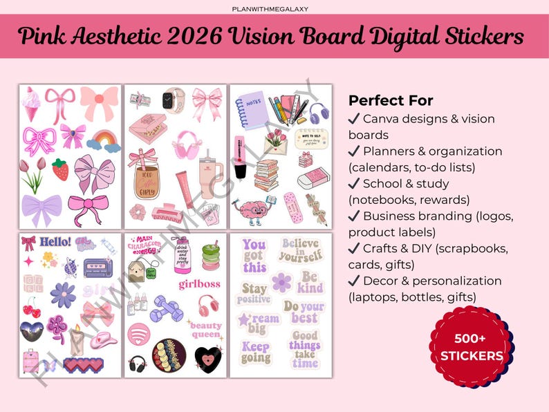 2026 Pink Vision Board PNG Stickers Aesthetic Cute Girly Digital ...